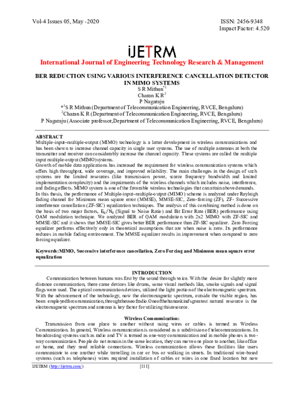 Pdf Ber Reduction Using Various Interference Cancellation Detector In Mimo Systems