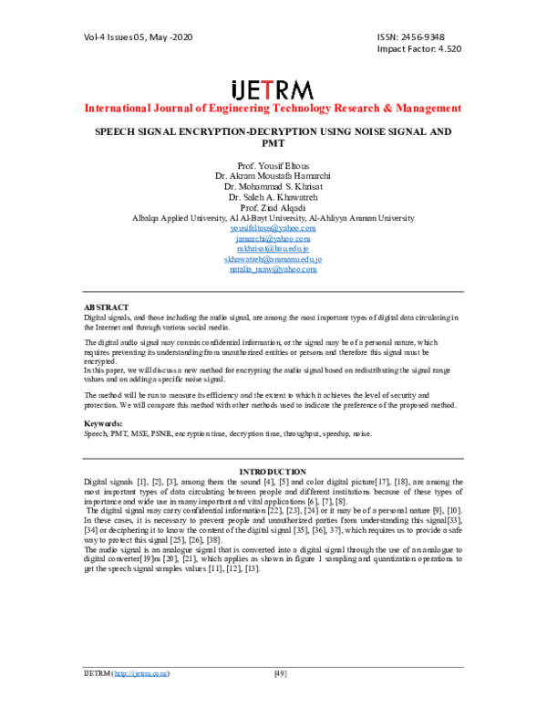 Pdf Speech Signal Encryption Decryption Using Noise Signal And Pmt