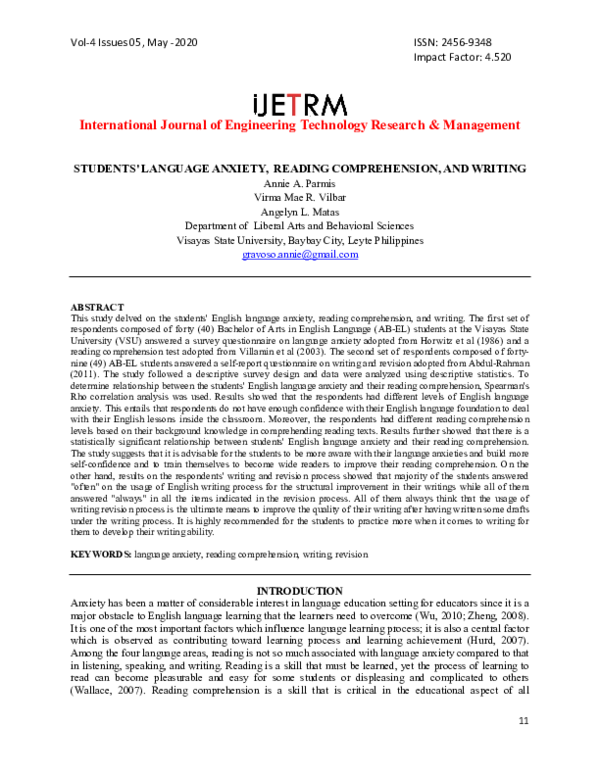 (PDF) STUDENTS' LANGUAGE ANXIETY, READING COMPREHENSION, AND WRITING