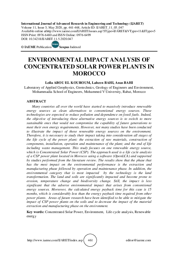 (PDF) ENVIRONMENTAL IMPACT ANALYSIS OF CONCENTRATED SOLAR POWER PLANTS ...
