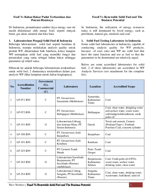 (PDF) Mery Marthen | Fossil Vs Renewable Solid Fuel and The Business Potential 1 Fosil Vs Bahan ...