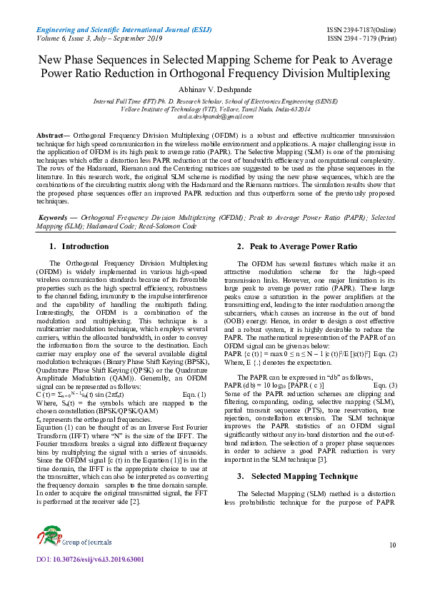 Pdf New Phase Sequences In Selected Mapping Scheme For Peak To
