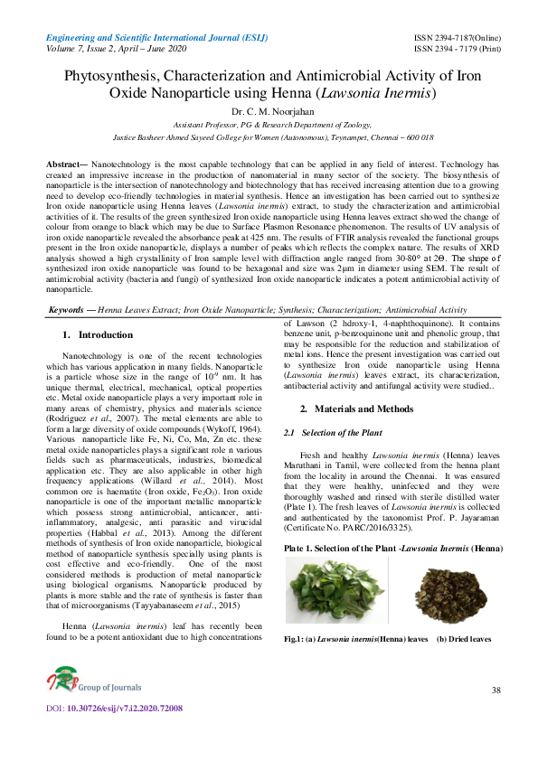 (PDF) Phytosynthesis, Characterization and Antimicrobial Activity of Iron Oxide Nanoparticle ...