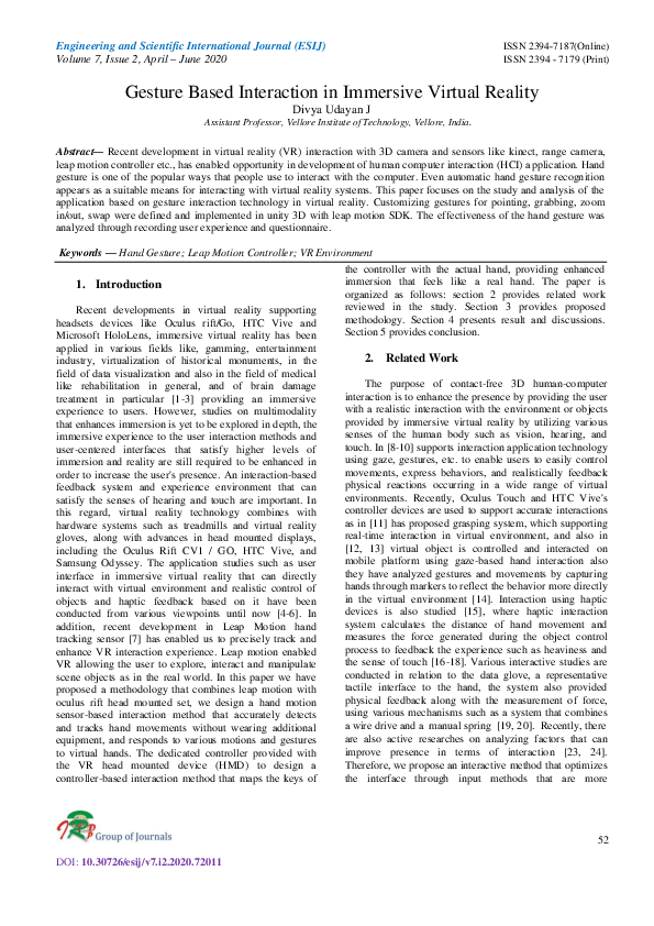 (PDF) Gesture Based Interaction in Immersive Virtual Reality
