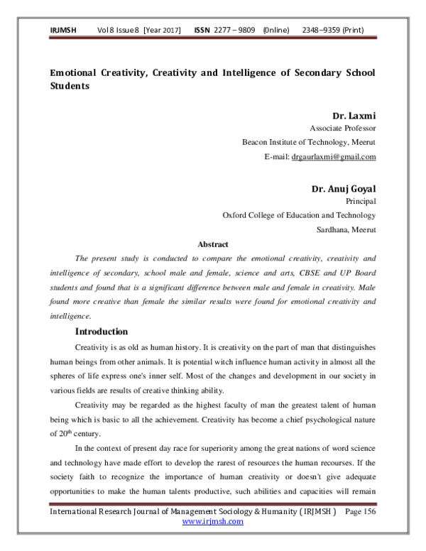 (PDF) Emotional Creativity, Creativity and Intelligence of Secondary School Students