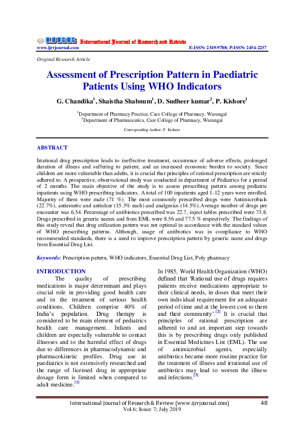 (PDF) Assessment of Prescription Pattern in Paediatric Patients Using ...