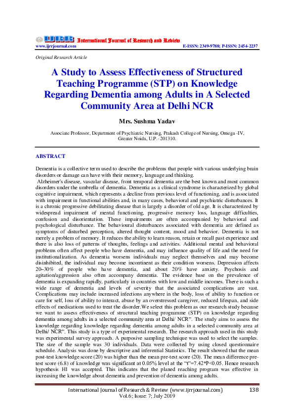(PDF) A Study to Assess Effectiveness of Structured Teaching Programme (STP) on Knowledge ...