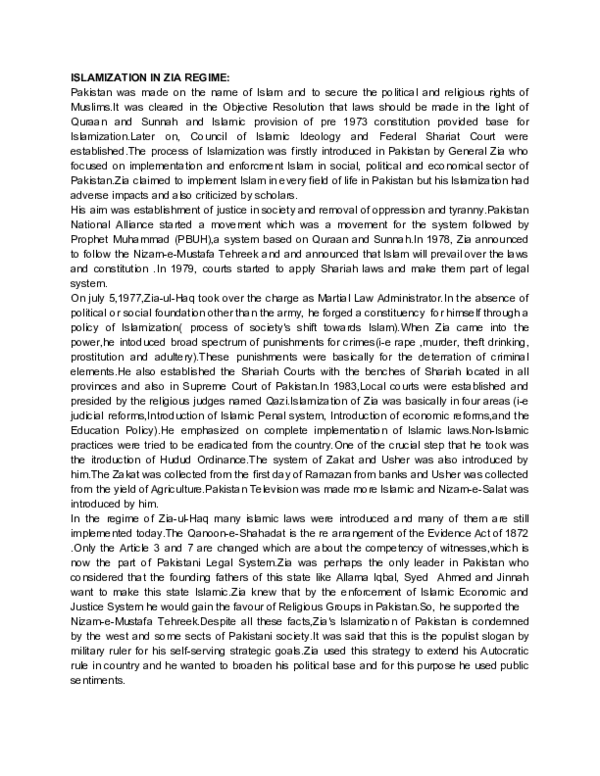 (PDF) Islamization in zia regime....this paper describes the zia regime..