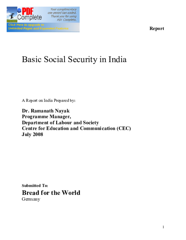 (PDF) Basic Social Security in India A Report on India Prepared by Dr ...