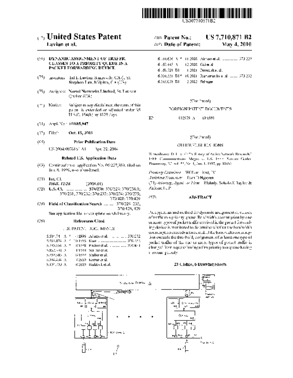 Pdf Us7710871 Dynamic Assignment Of Traffic Classes To A Priority