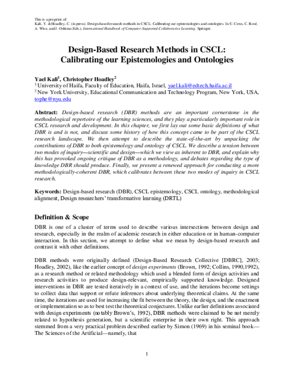 (PDF) Design-Based Research Methods in CSCL: Calibrating our ...