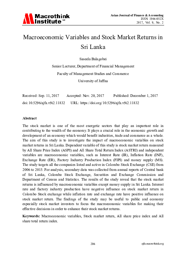 Pdf Macroeconomic Variables And Stock Market Returns In Sri Lanka