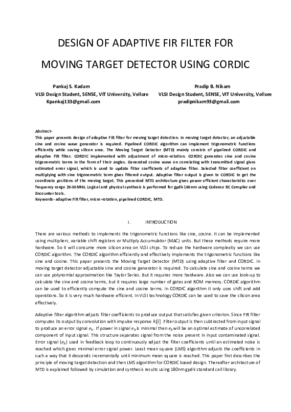 Pdf Design Of Adaptive Fir Filter For Moving Target Detector Using Cordic
