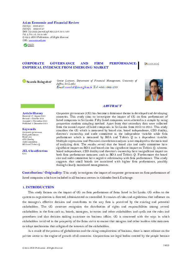 (PDF) CORPORATE GOVERNANCE AND FIRM PERFORMANCE: EMPIRICAL EVIDENCE FROM EMERGING MARKET