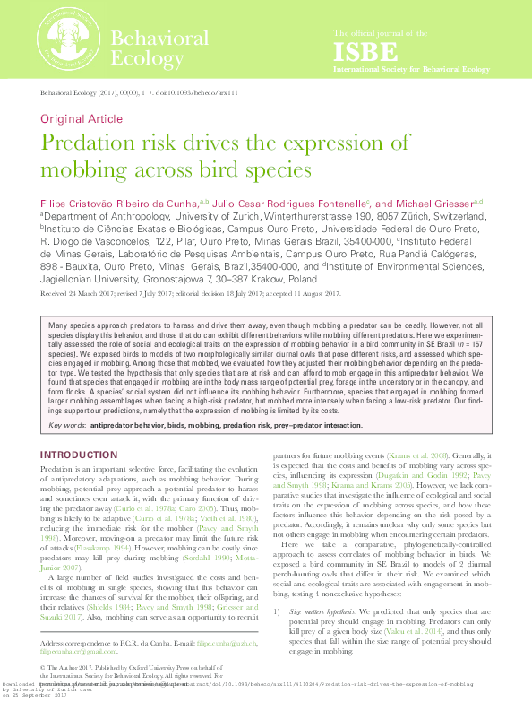 (PDF) Predation risk drives the expression of mobbing across bird species