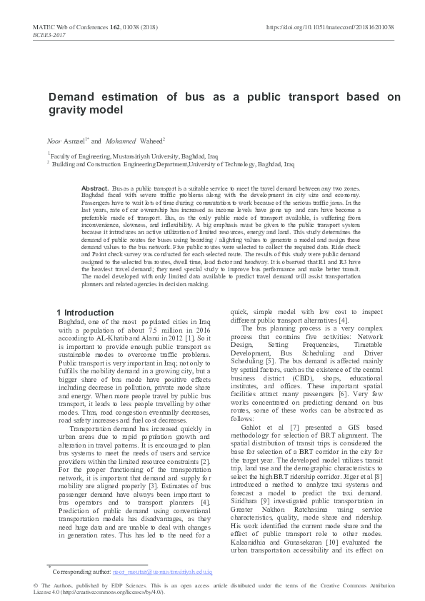 (PDF) Demand estimation of bus as a public transport based on gravity model