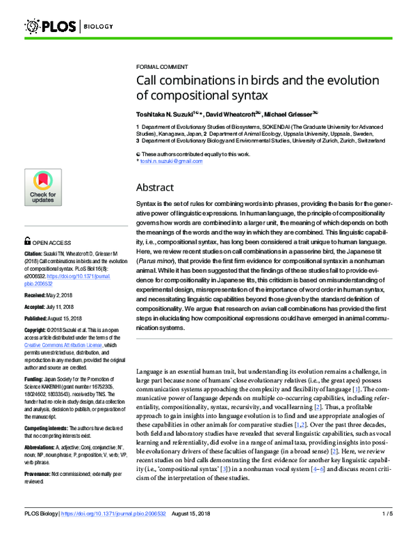 (PDF) Call combinations in birds and the evolution of compositional syntax