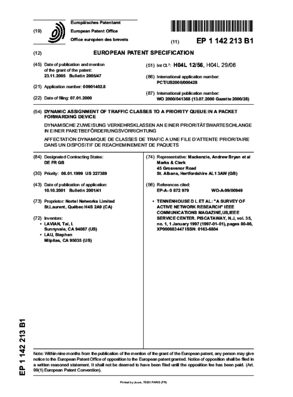 Pdf Ep1142213 Dynamic Assignment Of Traffic Classes To A Priority