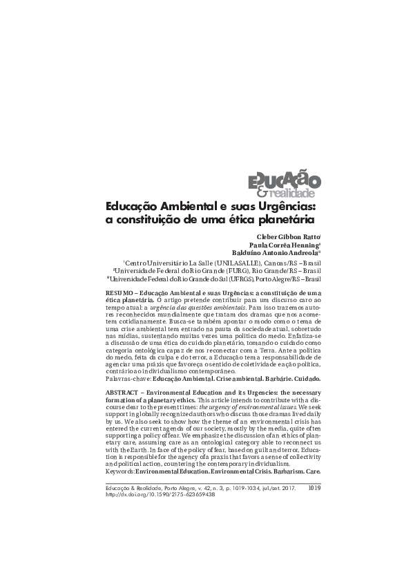 (PDF) Educação Ambiental e suas Urgências: a constituição de uma ética ...
