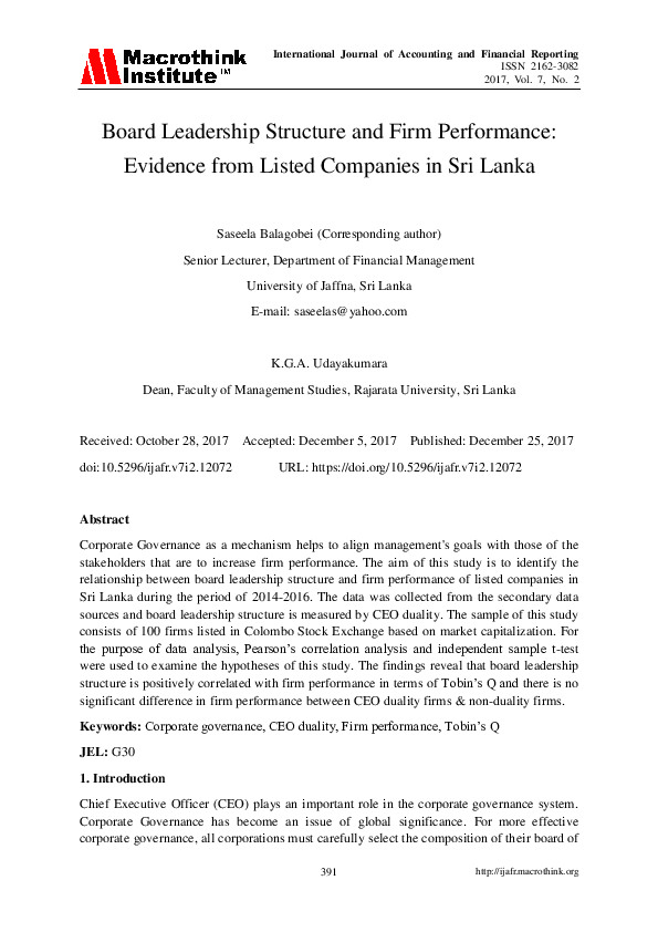 (PDF) Board Leadership Structure and Firm Performance: Evidence from ...