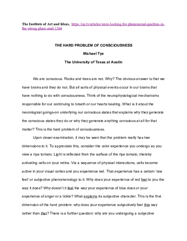 (DOC) The Hard Problem of Consciousness