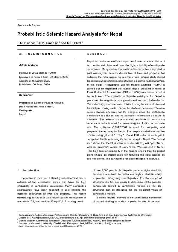 (PDF) Probabilistic Seismic Hazard Analysis for Nepal