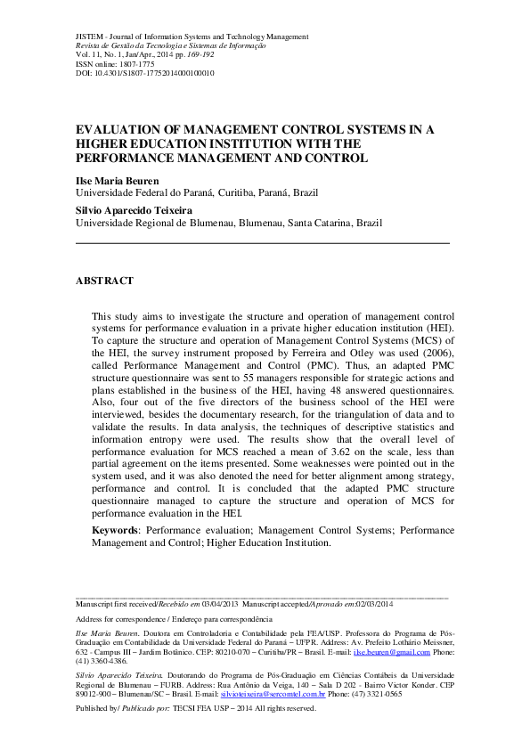 (PDF) EVALUATION OF MANAGEMENT CONTROL SYSTEMS IN A HIGHER EDUCATION ...