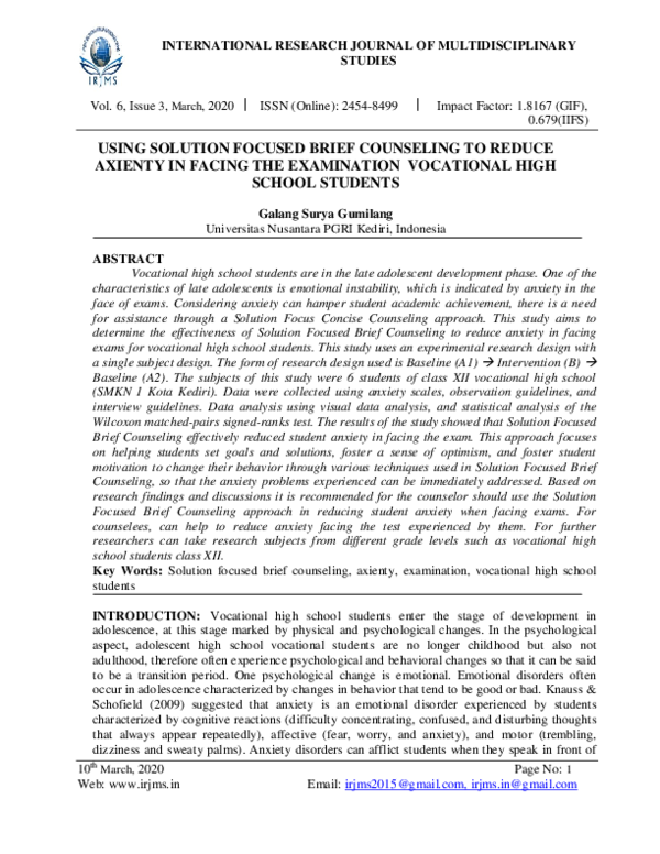 (PDF) USING SOLUTION FOCUSED BRIEF COUNSELING TO REDUCE AXIENTY IN ...