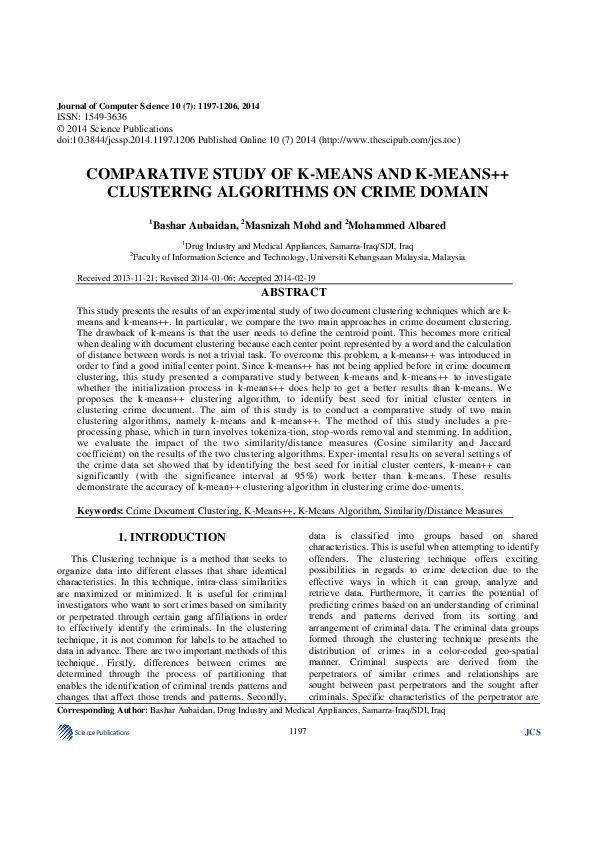 (PDF) COMPARATIVE STUDY OF K-MEANS AND K-MEANS++ CLUSTERING ALGORITHMS ON CRIME DOMAIN