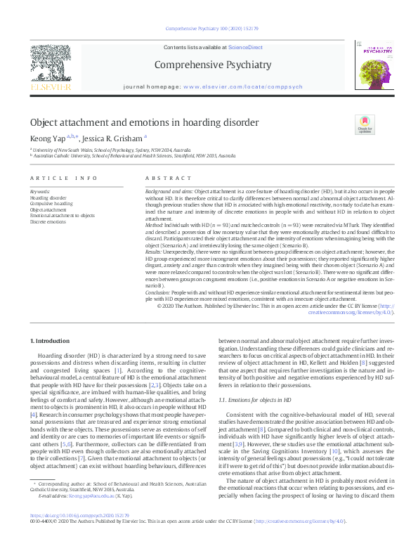 (PDF) Object attachment and emotions in hoarding disorder
