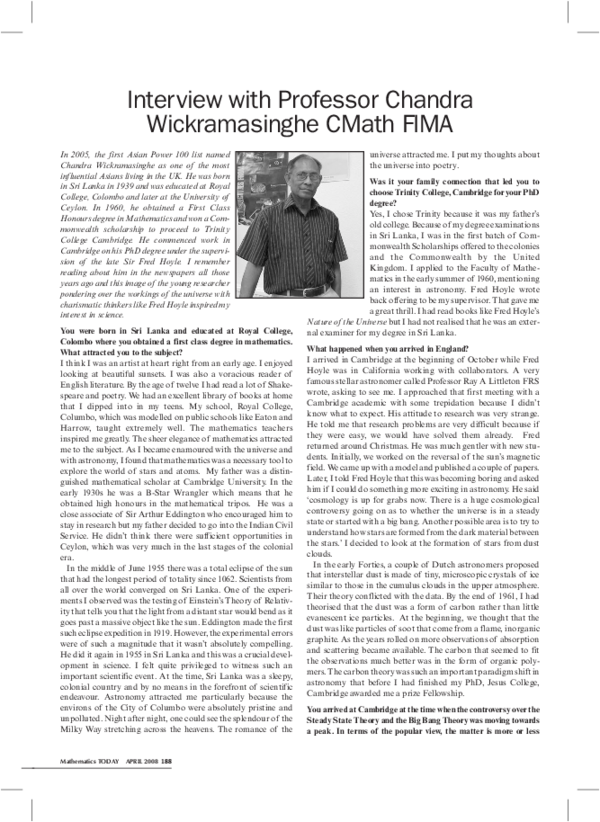 (PDF) Interview with Professor Chandra Wickramasinghe CMath FIMA