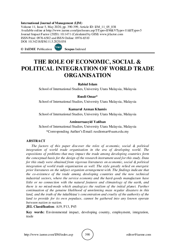 (PDF) THE ROLE OF ECONOMIC, SOCIAL & POLITICAL INTEGRATION OF WORLD ...