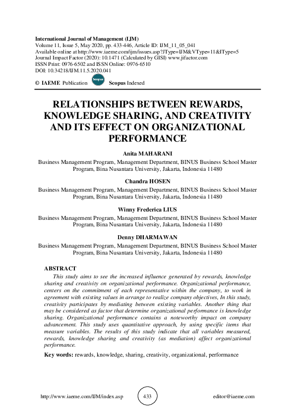 (PDF) RELATIONSHIPS BETWEEN REWARDS, KNOWLEDGE SHARING, AND CREATIVITY ...