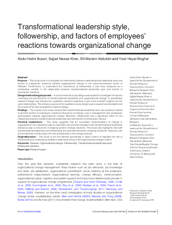 (PDF) Transformational leadership style, followership, and factors of employees' reactions ...
