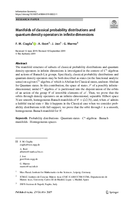 (PDF) Manifolds of classical probability distributions and quantum density operators in infinite ...