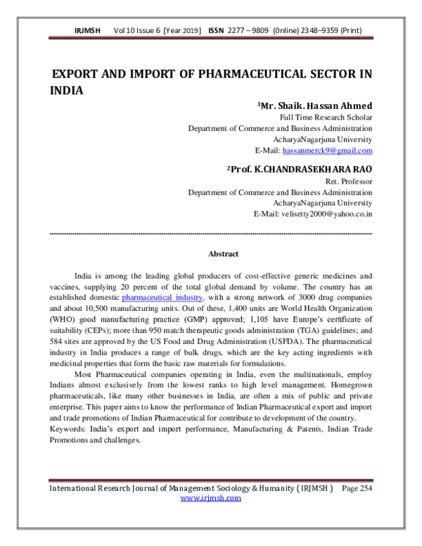 (PDF) EXPORT AND IMPORT OF PHARMACEUTICAL SECTOR IN INDIA