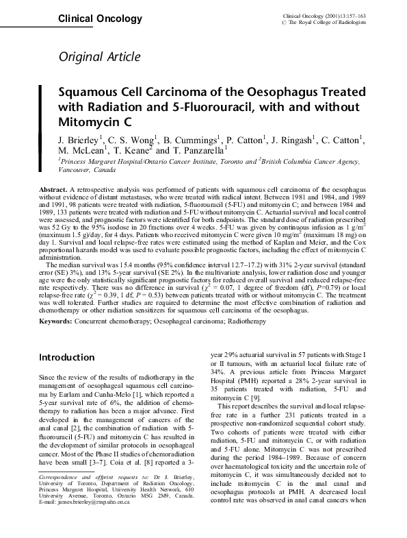 (PDF) Squamous Cell Carcinoma of the Oesophagus Treated with Radiation ...