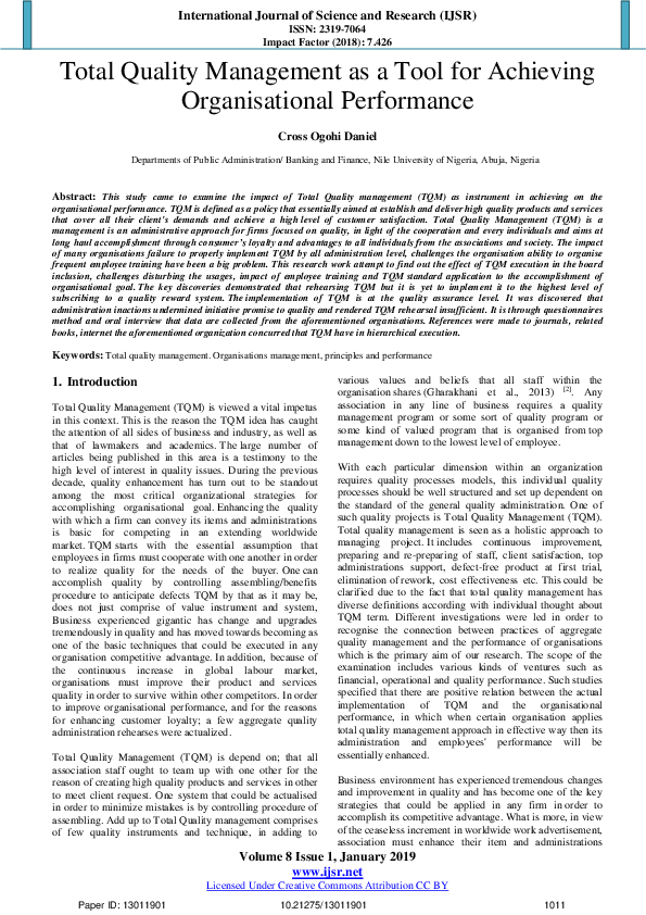 (PDF) Total Quality Management as a Tool for Achieving Organisational ...