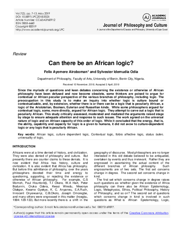 (PDF) Can there be an African logic
