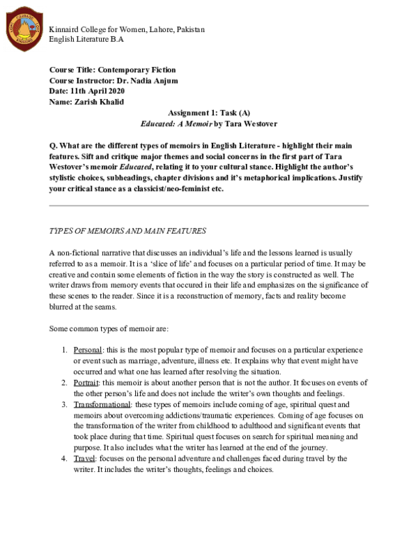 (DOC) Educated: A Memoir (Tara Westover) - Response Paper