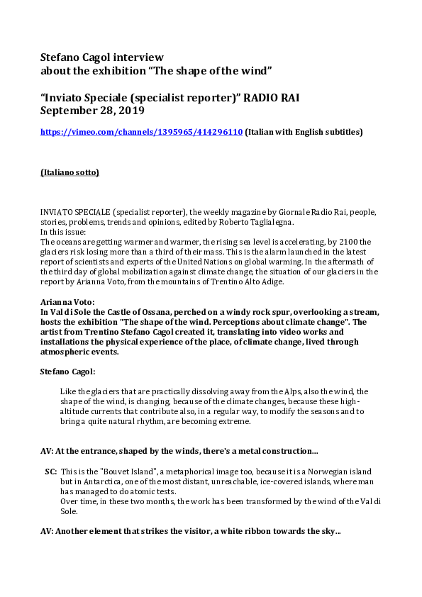 (PDF) Stefano Cagol interview about the exhibition "The shape of the wind" "Inviato Speciale ...