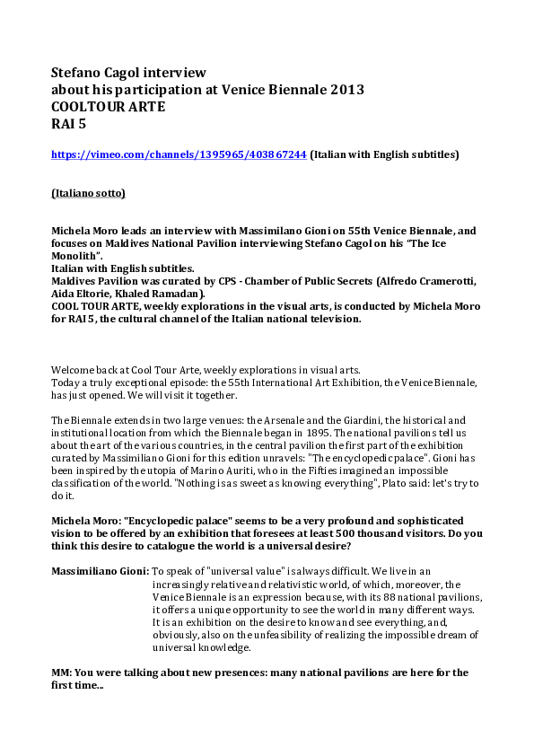 (PDF) Stefano Cagol interview about his participation at Venice Biennale 2013 COOLTOUR ARTE RAI 5