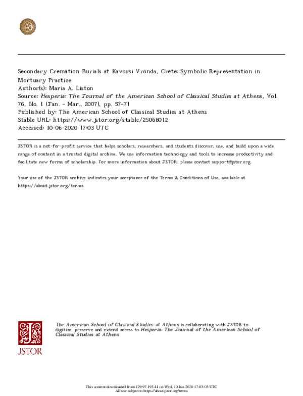 (PDF) Secondary cremation burials at Kavousi Vronda, Crete: Symbolic ...