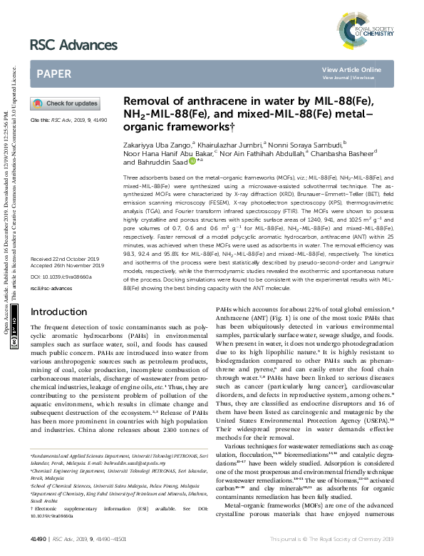 (PDF) Removal of anthracene in water by MIL-88(Fe), NH2-MIL-88(Fe), and ...