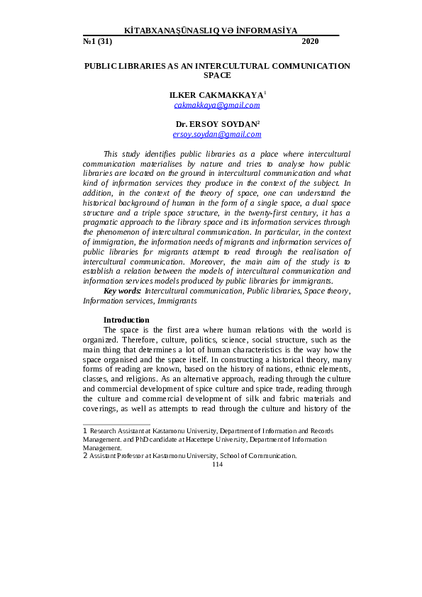 (PDF) PUBLIC LIBRARIES AS AN INTERCULTURAL COMMUNICATION SPACE