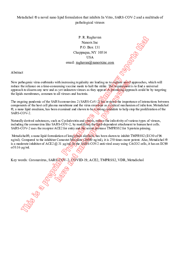 (PDF) Metadichol ® a novel nano lipid formulation that inhibits In ...