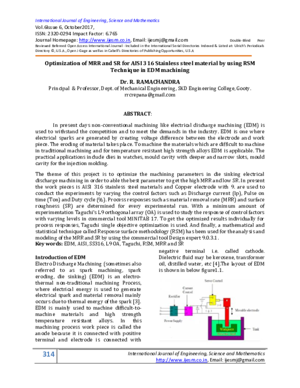 (PDF) Optimization of MRR and SR for AISI 316 Stainless steel material by using RSM Technique in ...