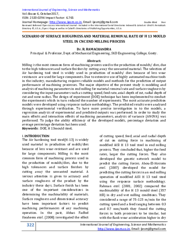 Pdf Scenario Of Surface Roughness And Material Removal Rate Of H 13 Mould Steel In Cnc End