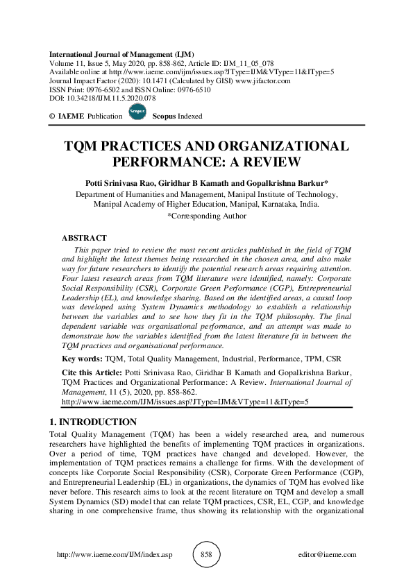 (PDF) TQM PRACTICES AND ORGANIZATIONAL PERFORMANCE: A REVIEW