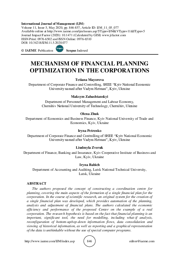 (PDF) MECHANISM OF FINANCIAL PLANNING OPTIMIZATION IN THE CORPORATIONS